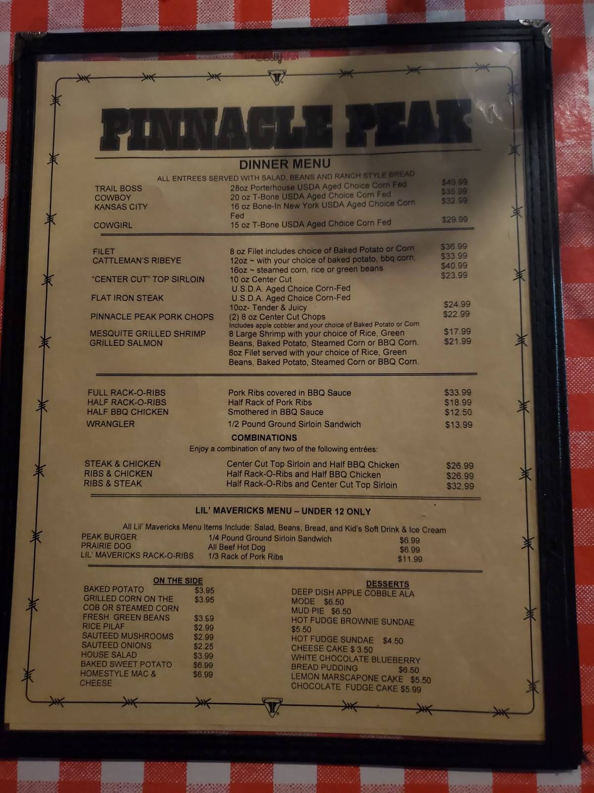 Menu at Pinnacle Peak Steakhouse, San Dimas