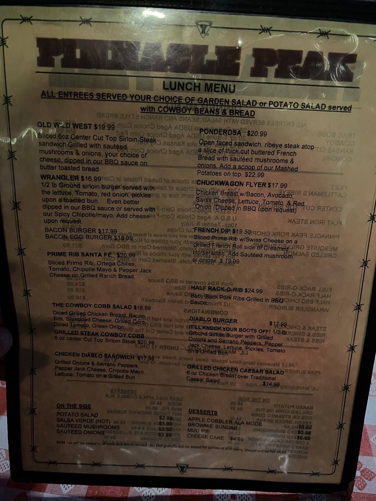 Menu at Pinnacle Peak Steakhouse, San Dimas