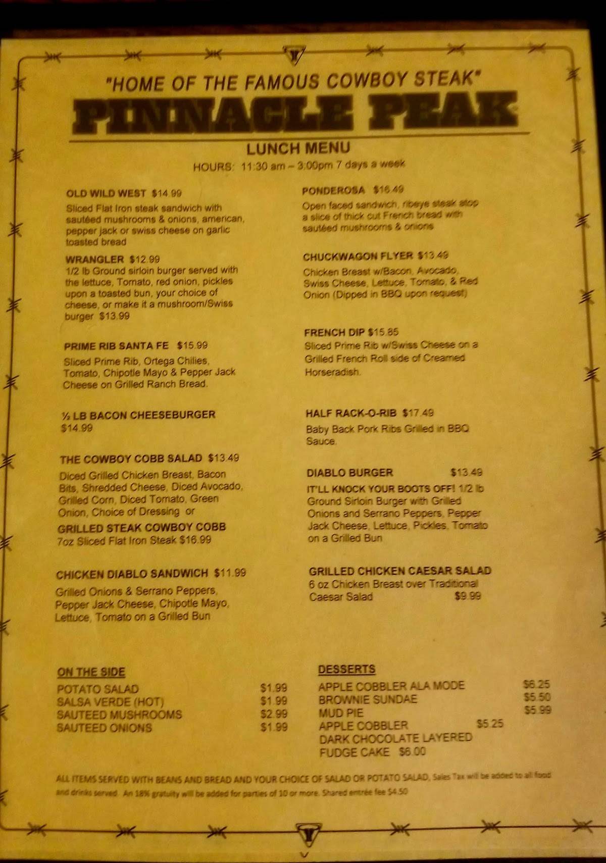 Menu at Pinnacle Peak Steakhouse, San Dimas