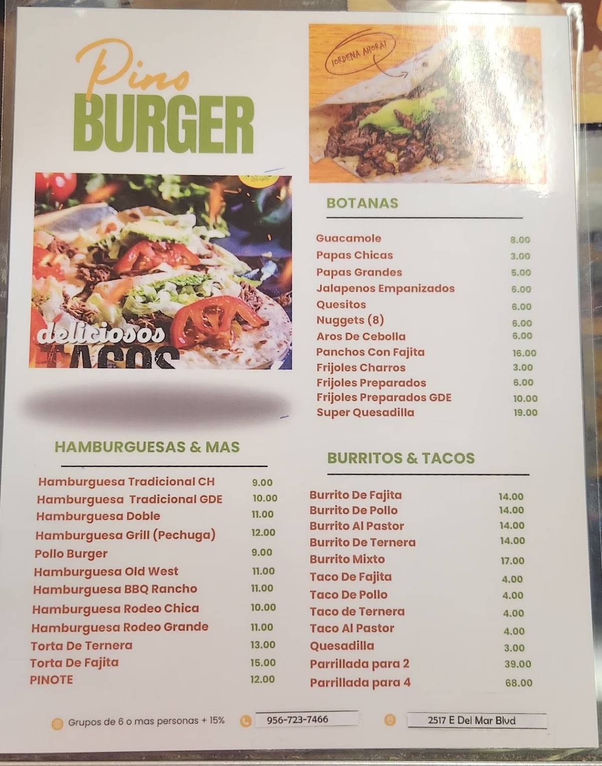 Menu at Pino Burger restaurant, Laredo, E Del Mar Blvd