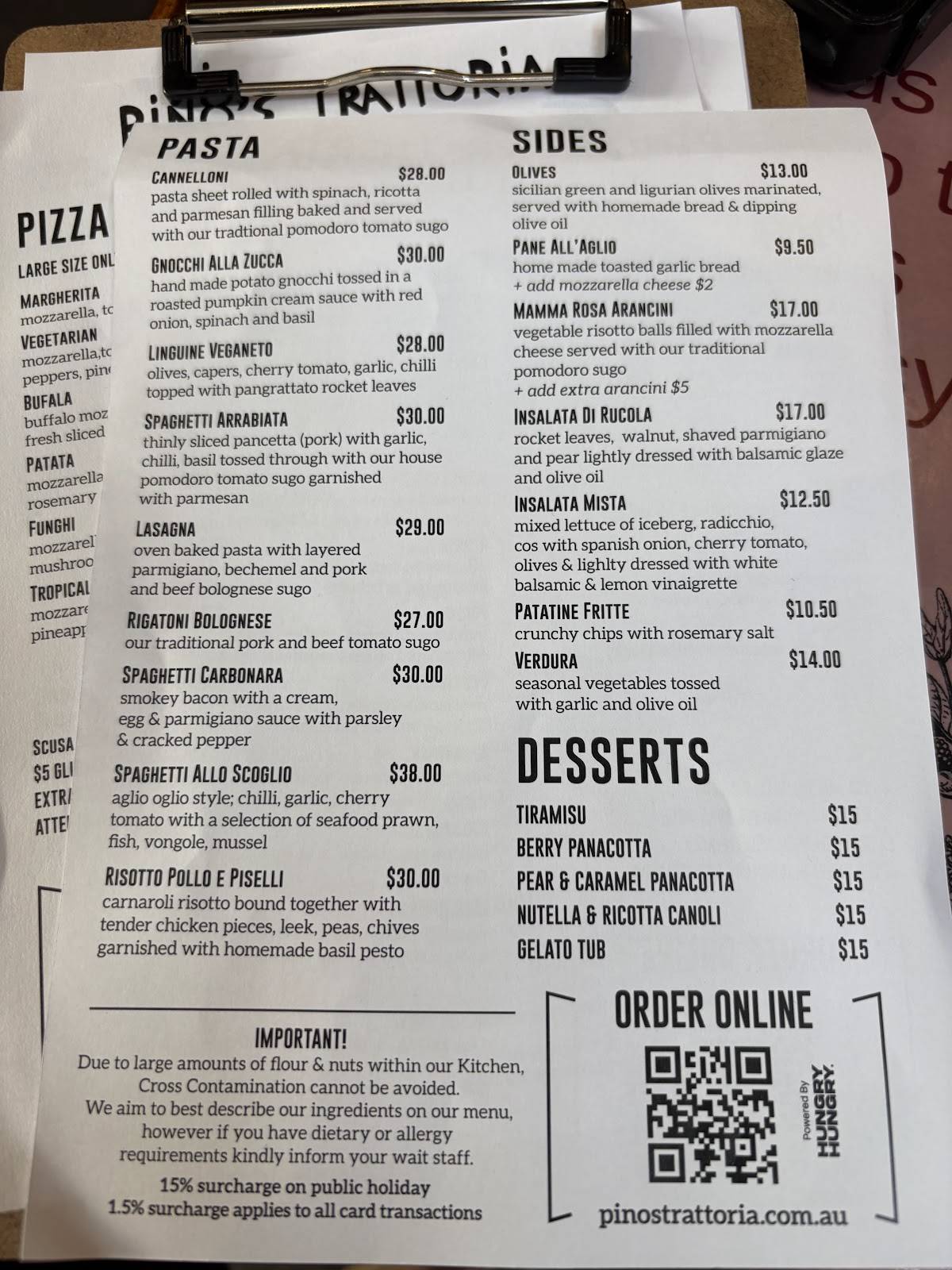 Menu at Pino's Trattoria restaurant, Cowes