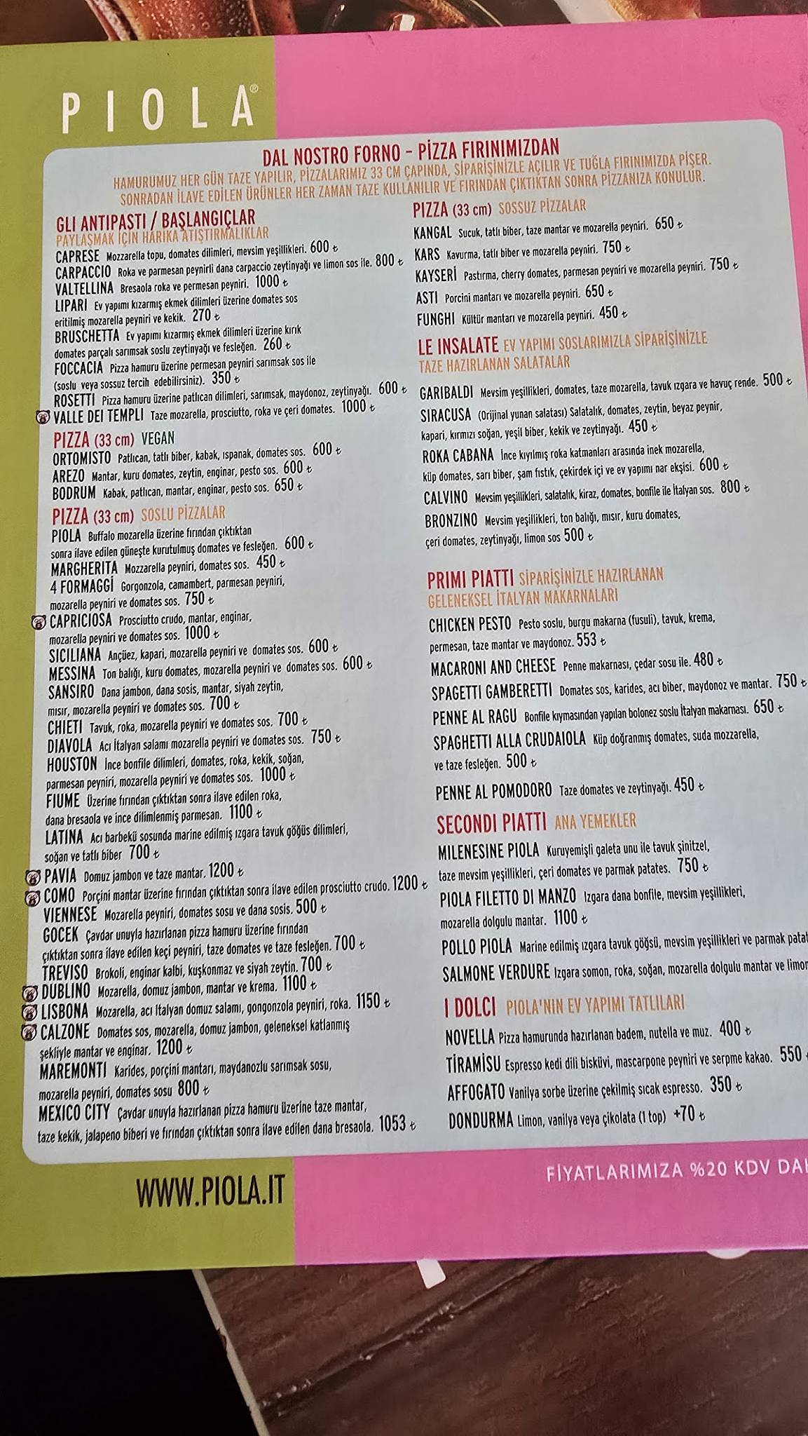 Menu at Piola, Istanbul, Yıldız Posta Cd. No:29