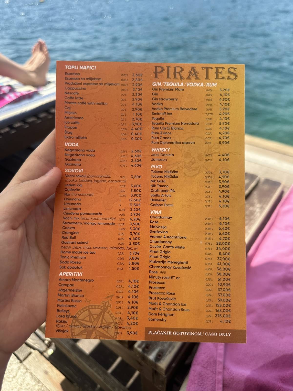 Menu at Pirate Bar, Perast