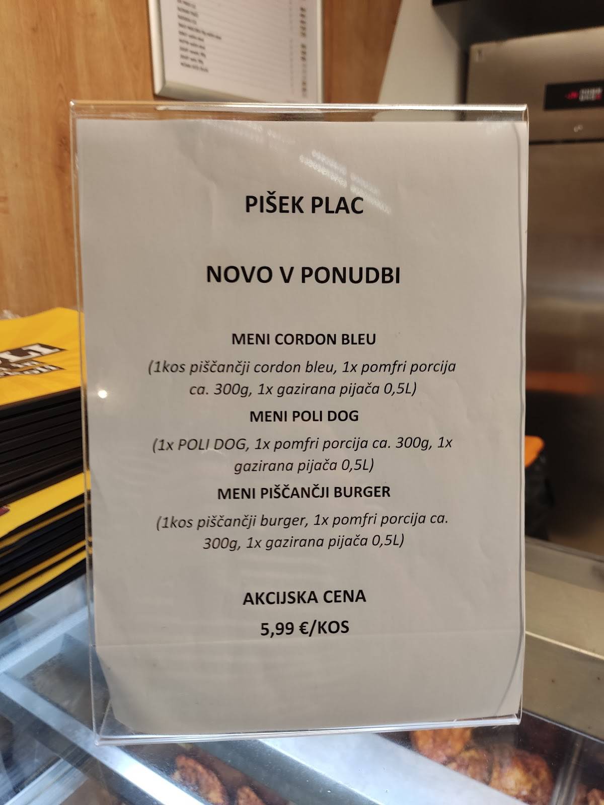 Menu at Pišek Plac restaurant, Ljubljana
