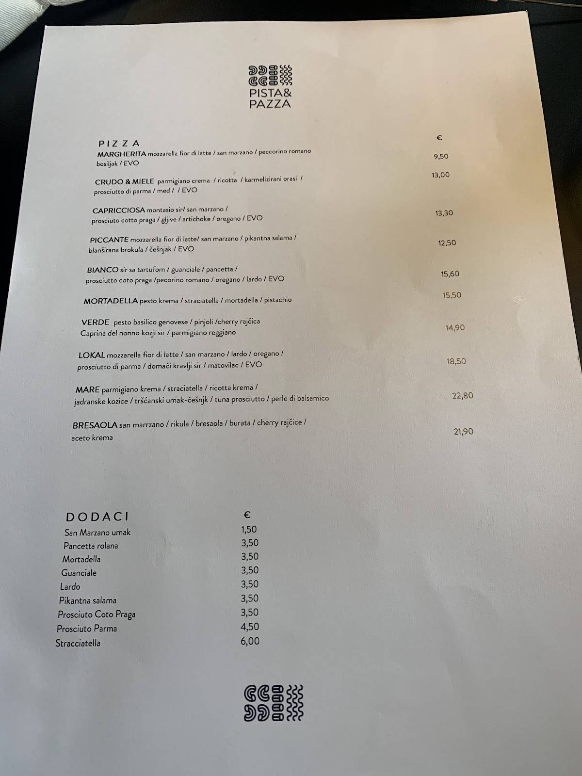 Menu at Pizza One restaurant, Mlini