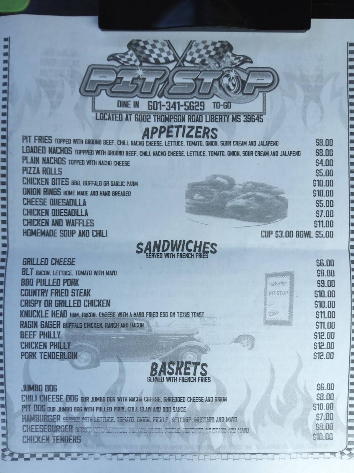 Menu at Pit Stop Drive In BBQ, USA, Thompson Rd