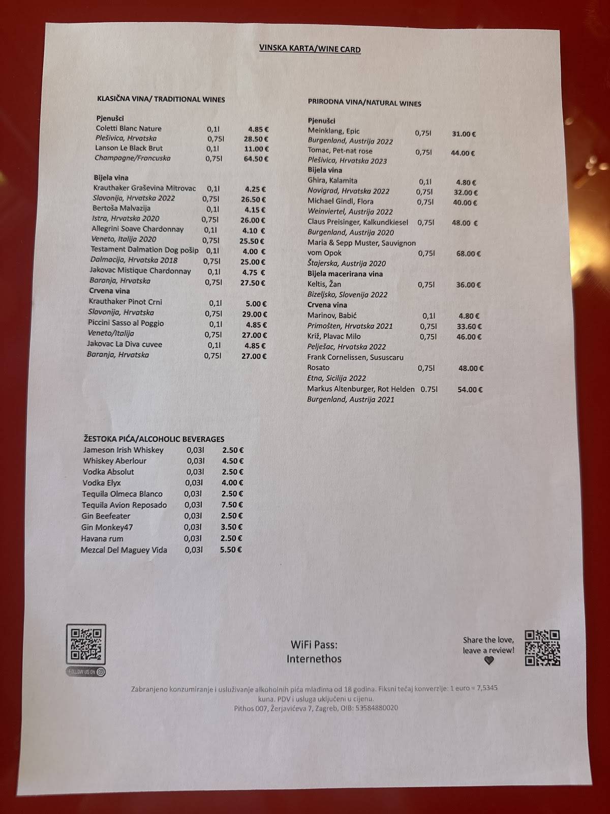 Menu at Pithos Hometown Food restaurant, Zagreb
