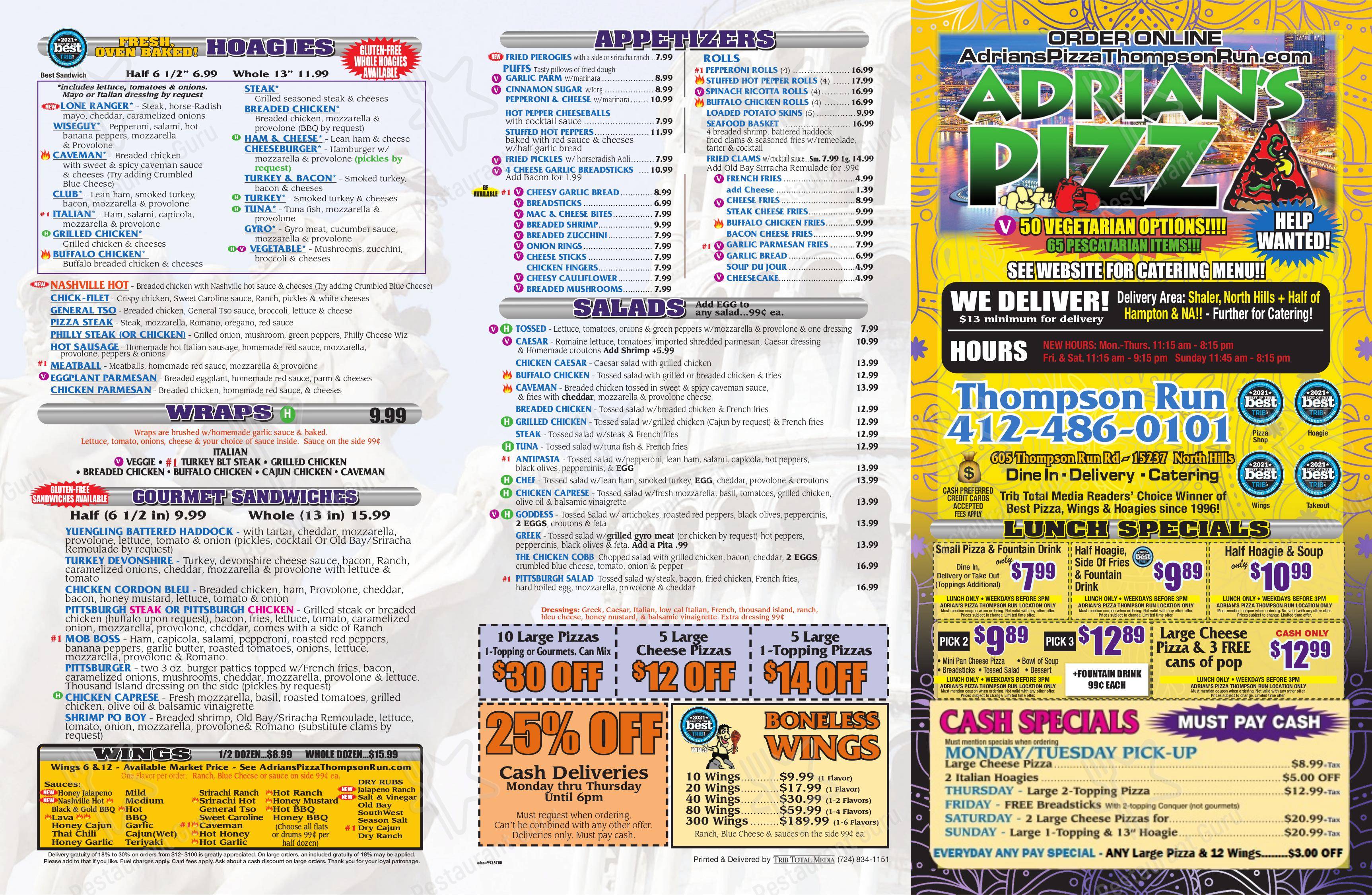 Menu at Adrian's Pizza pizzeria, Pittsburgh, 605 Thompson Run Rd