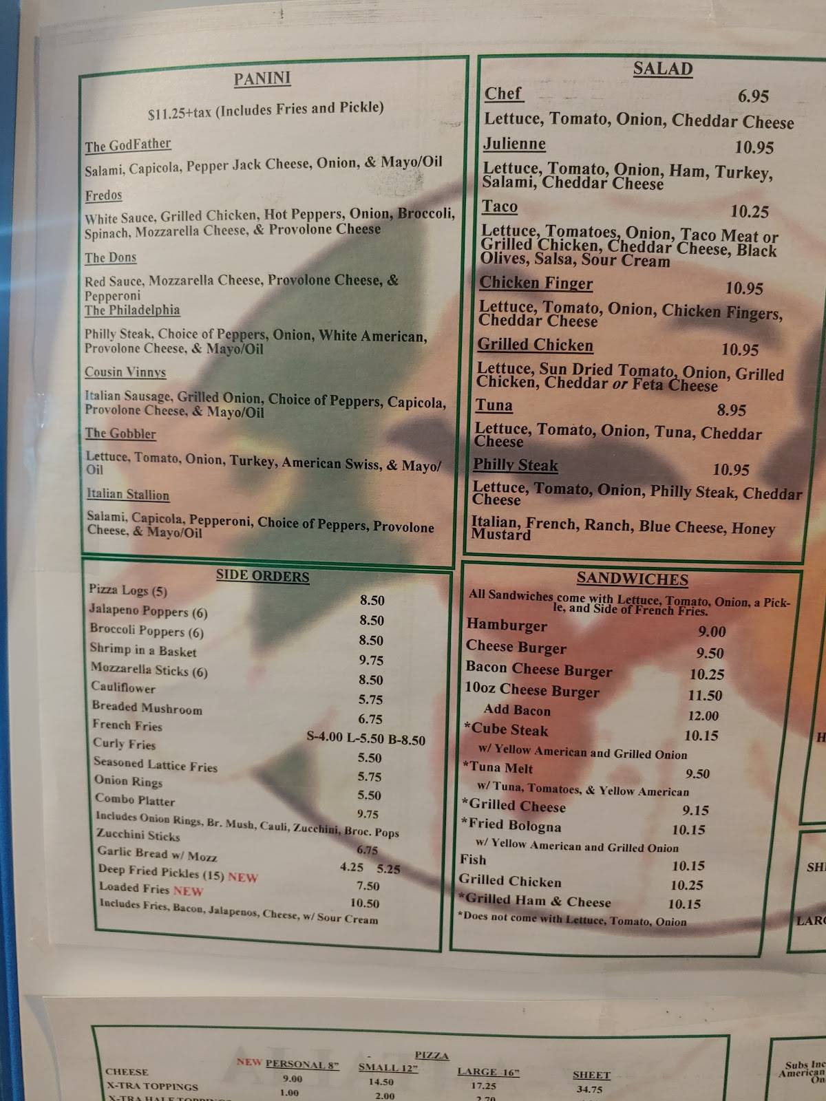 Menu at Piz-A-Italia pizzeria, North Collins