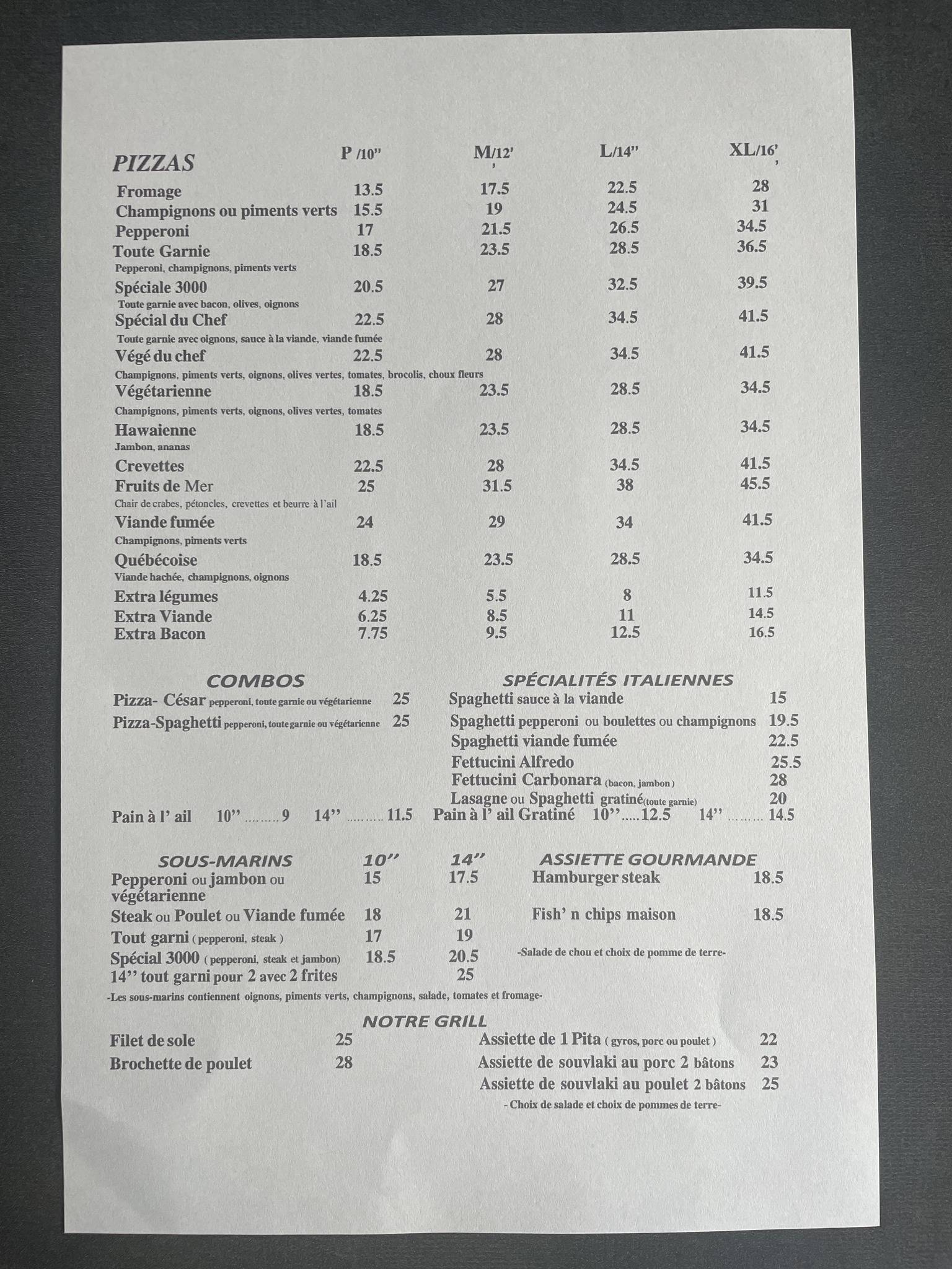 Menu au Pizza 3000 pizzeria, Canada