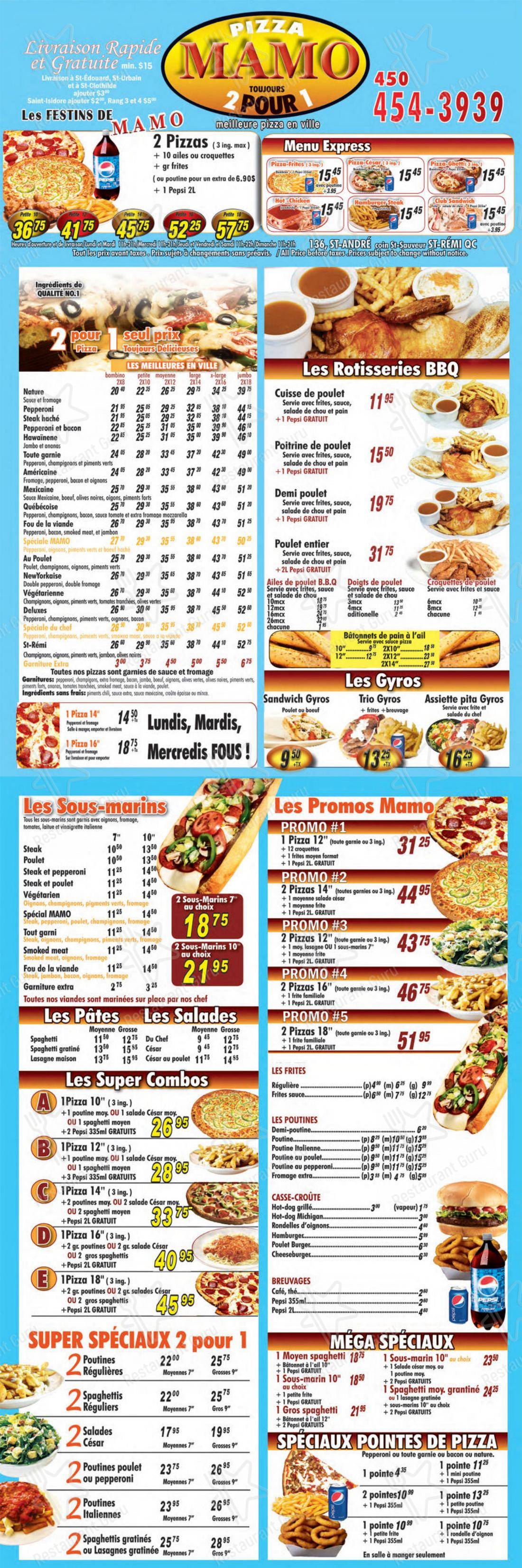 Menu au Pizza Mamo pizzeria, Saint-Rémi