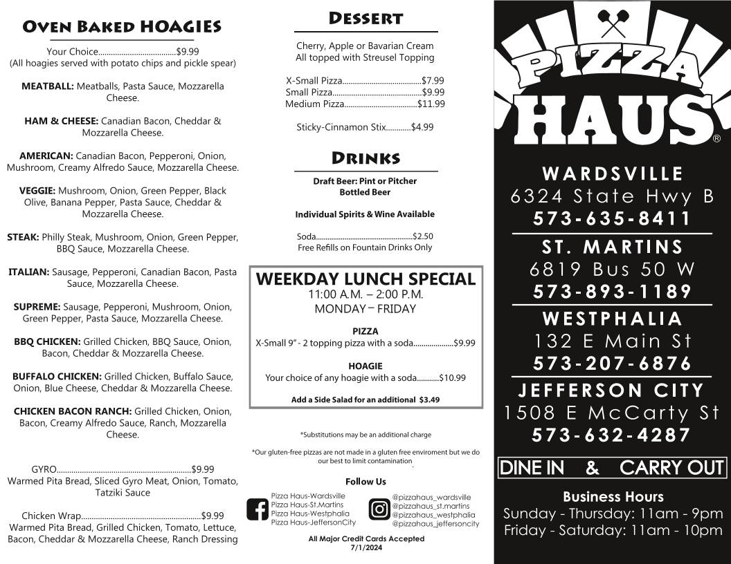 Menu at Pizza Haus - Wardsville pizzeria, Jefferson City, State Hwy B