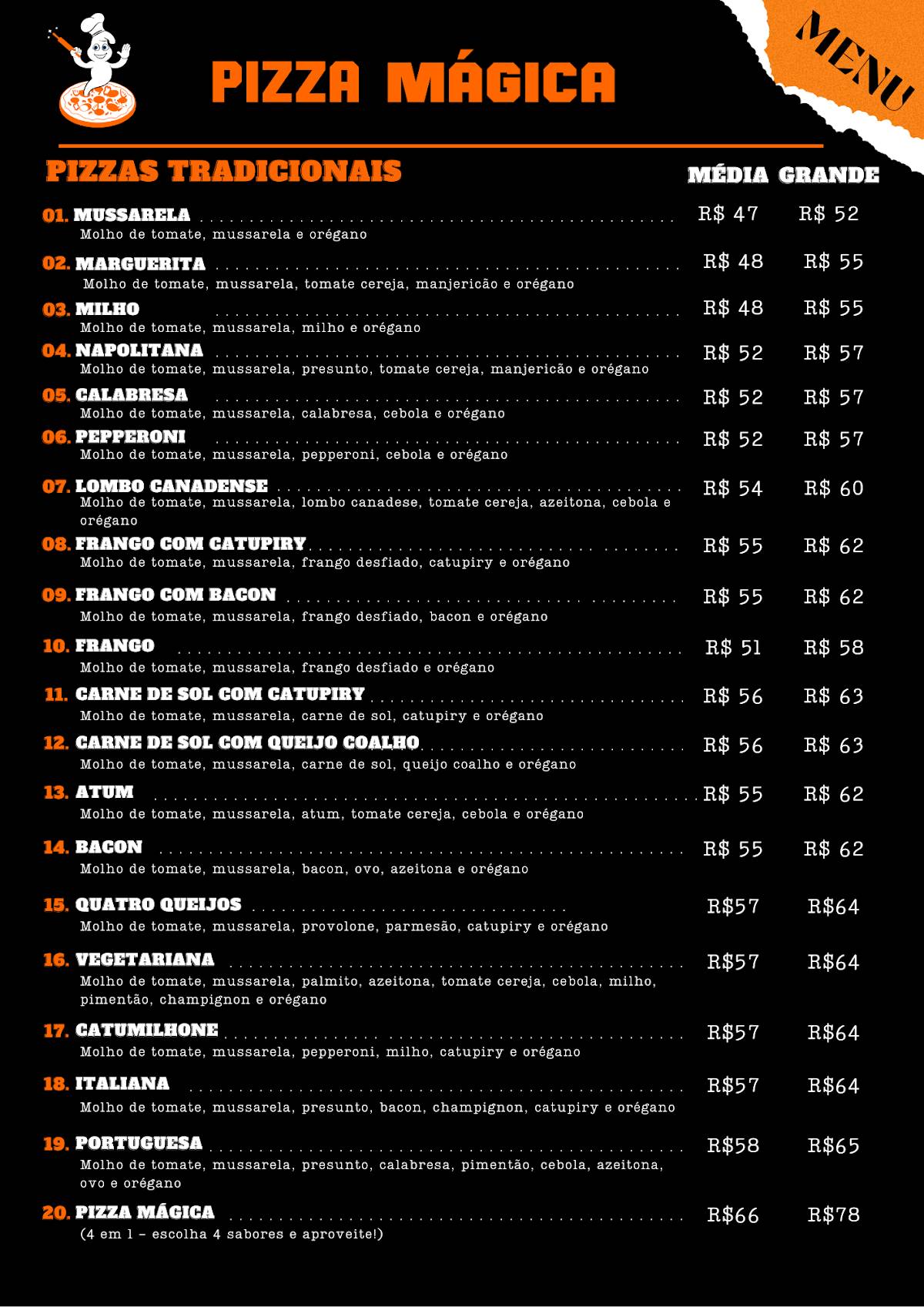 Menu em Pizza Mágica restaurante, Brasília, Edifício Bahamas Center ...