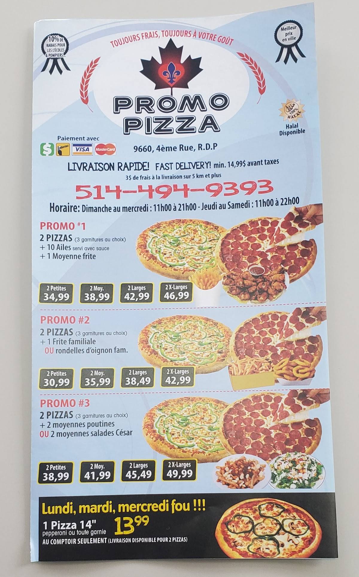 Menu au Pizza Promo restaurant, Montréal, 4e Rue