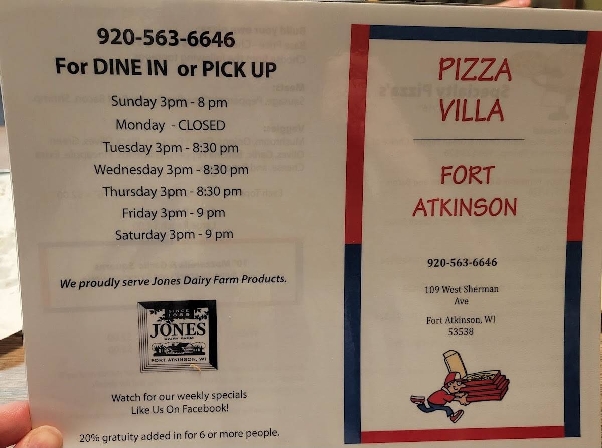 Menu at Pizza Villa pizzeria, Fort Atkinson