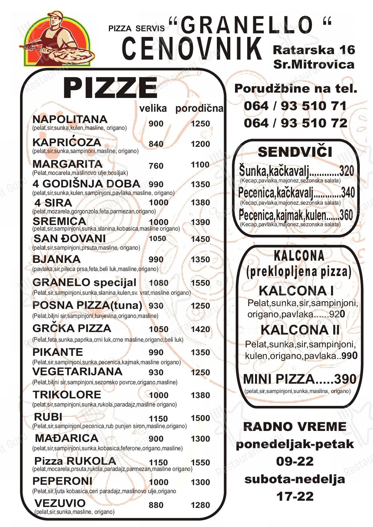 Menu at Pizza servis GRANELLO restaurant, Sremska Mitrovica