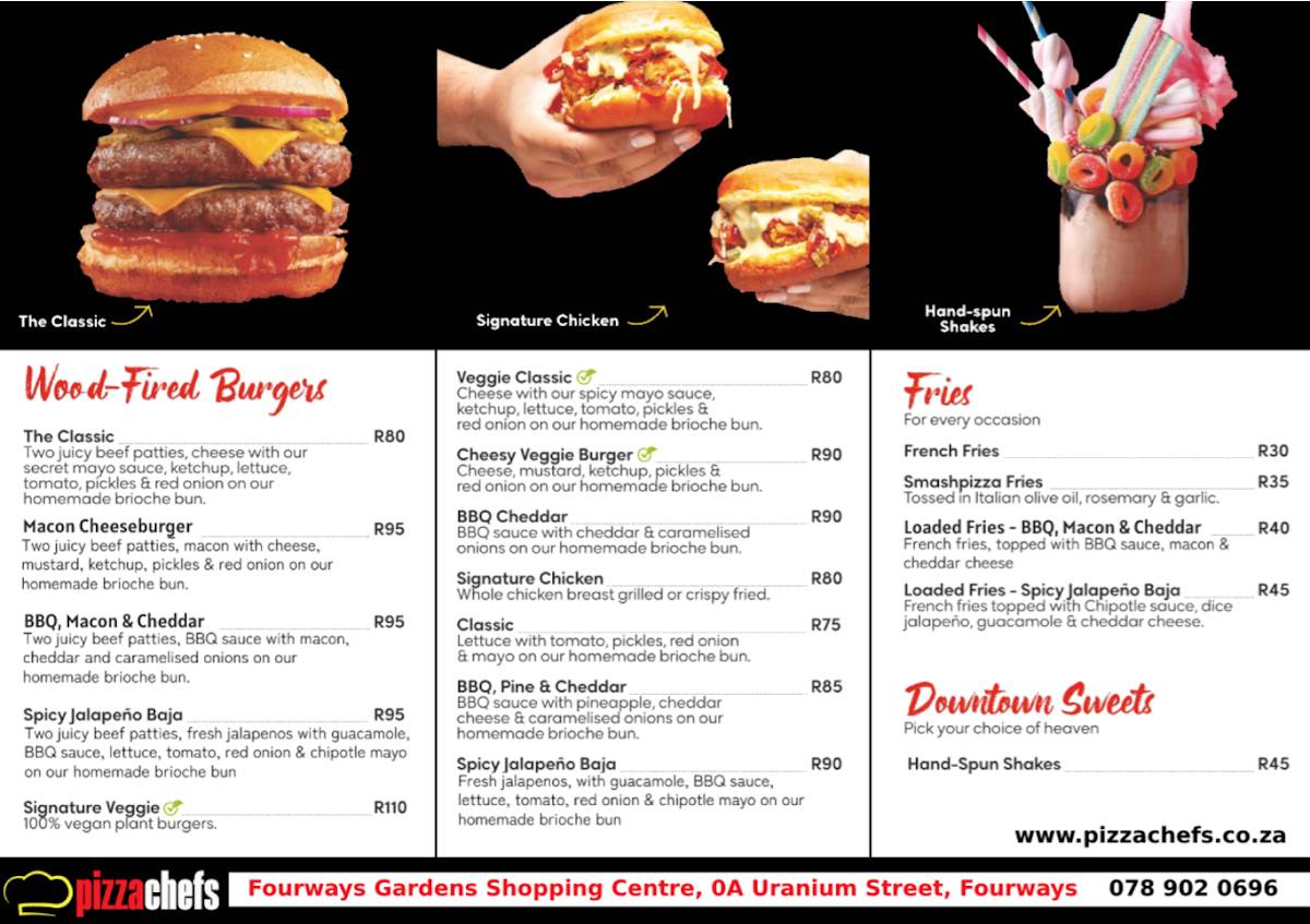 Menu au PizzaChefs Fourways Gardens Shopping Centre (Halaal) pizzeria ...