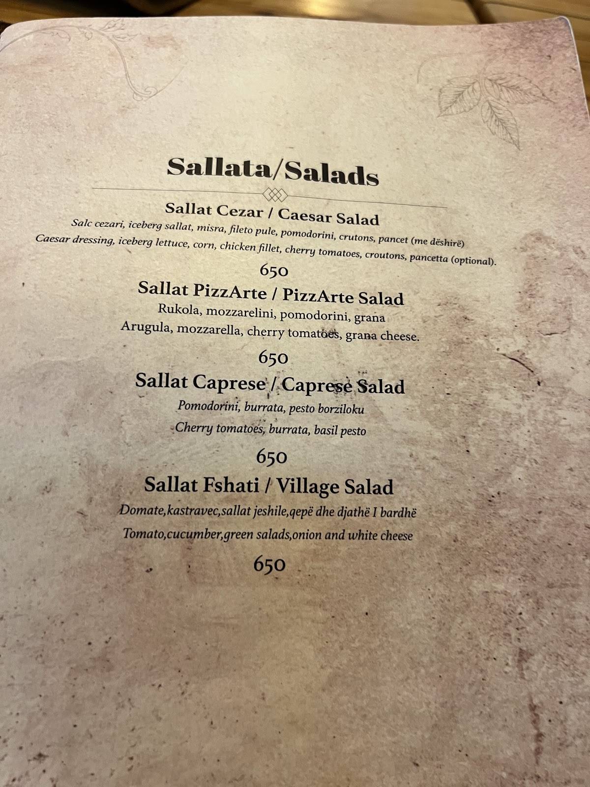Menu at Pizzarte restaurant, Tirana
