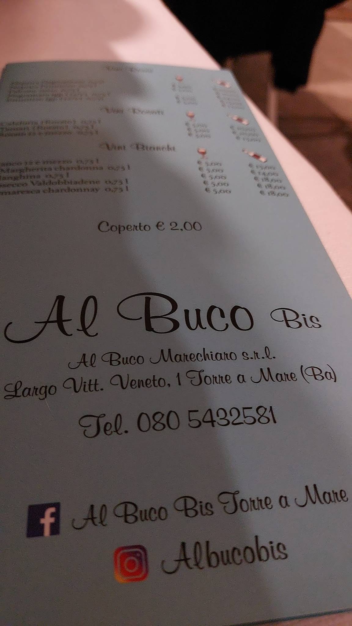 Menu at Al Buco Bis restaurant, Bari, Piazza Vittorio Veneto