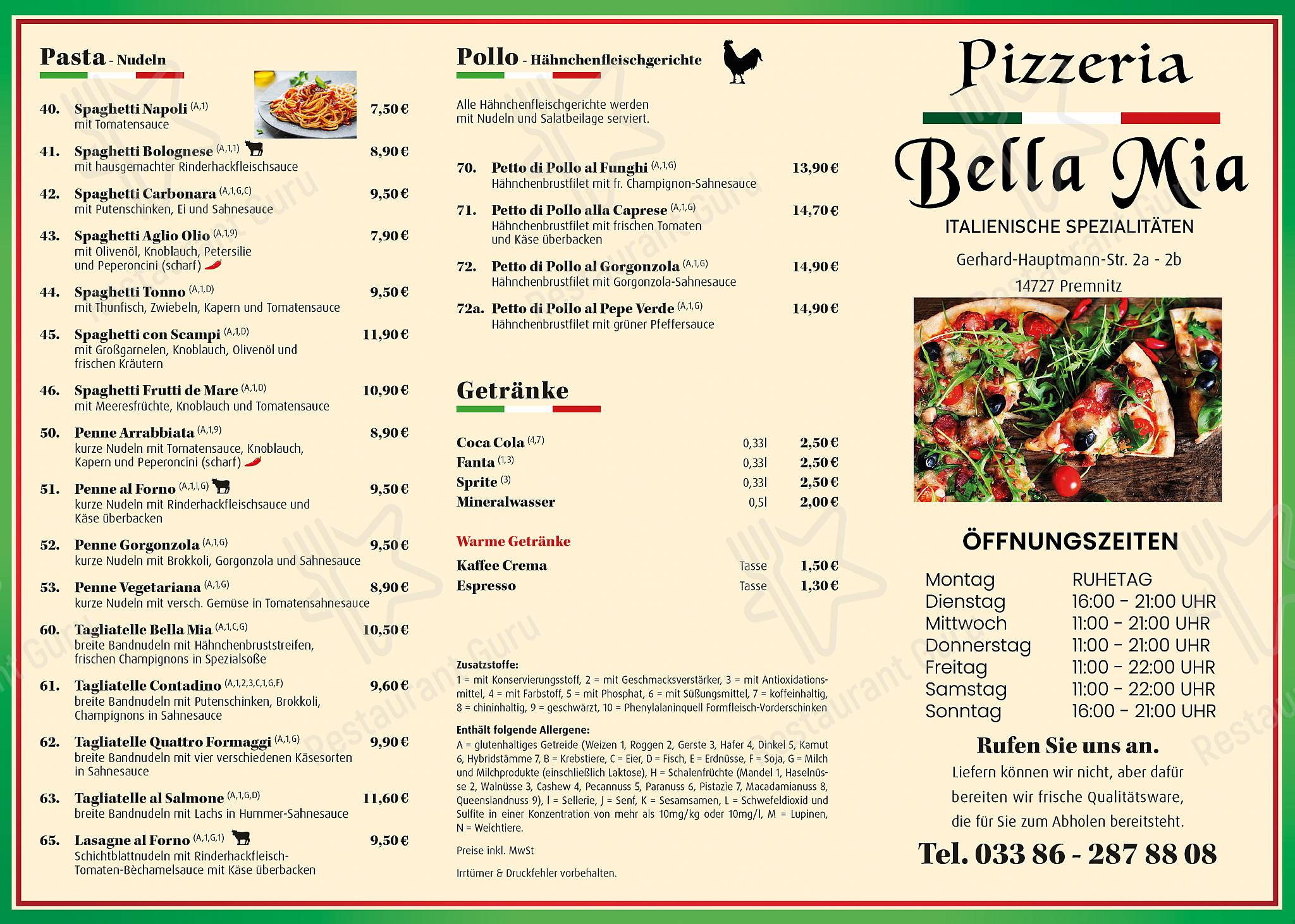 Speisekarte von Pizzeria Bella Mia, Premnitz