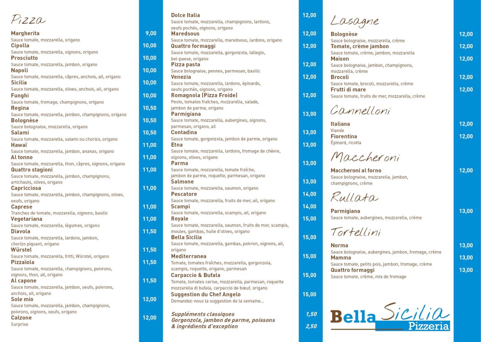 Menu au Pizzeria Bella Sicila (Angelo & Veronica), Fosses-la-Ville, Pl ...