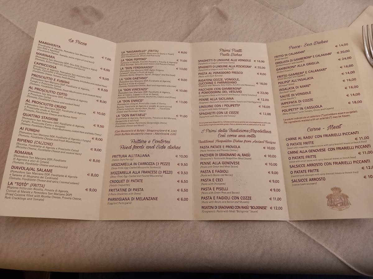 Menu at Pizzeria Brandi, Naples, Salita S. Anna di Palazzo