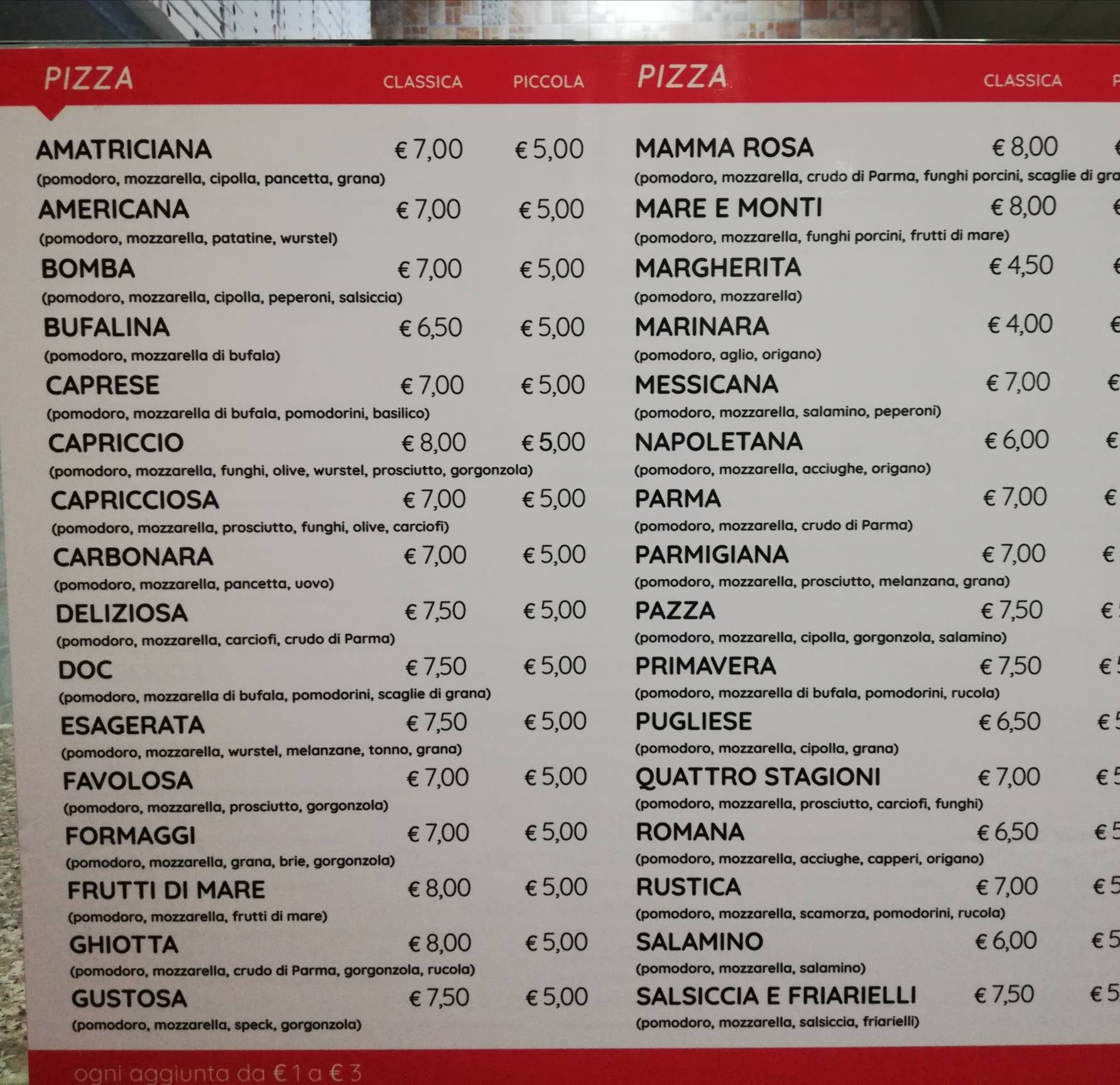 Menu da Bella Capri pizzeria, Piacenza