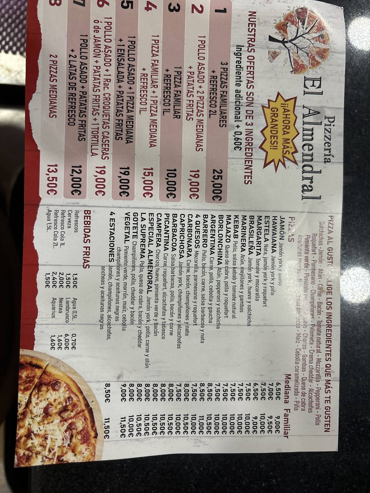 Carta de Pizzeria El Almendral San Fernando, San Fernando