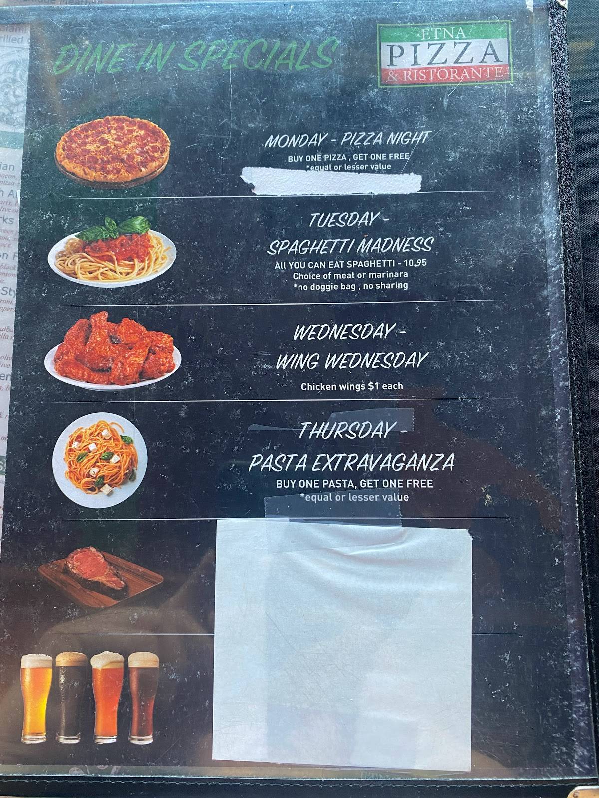 Menu at Etna Pizza & Italian Grill pizzeria, San Diego