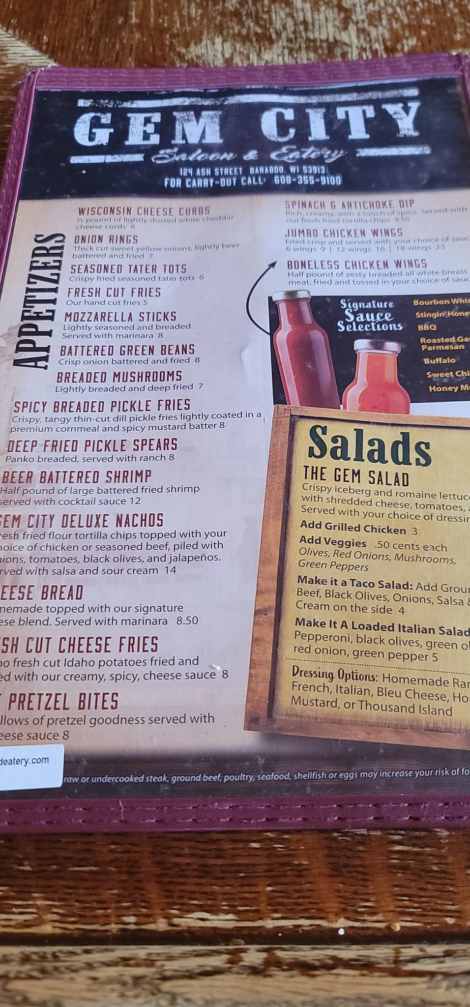 Menu at Gem City Saloon & Eatery pizzeria, Baraboo