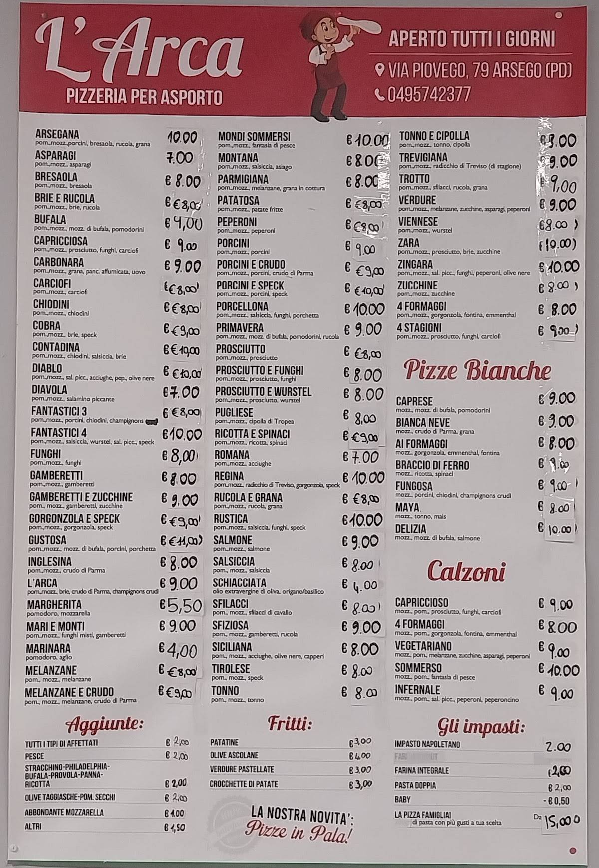 Menu at Pizzeria L'Arca, San Giorgio delle Pertiche, Via Piovego
