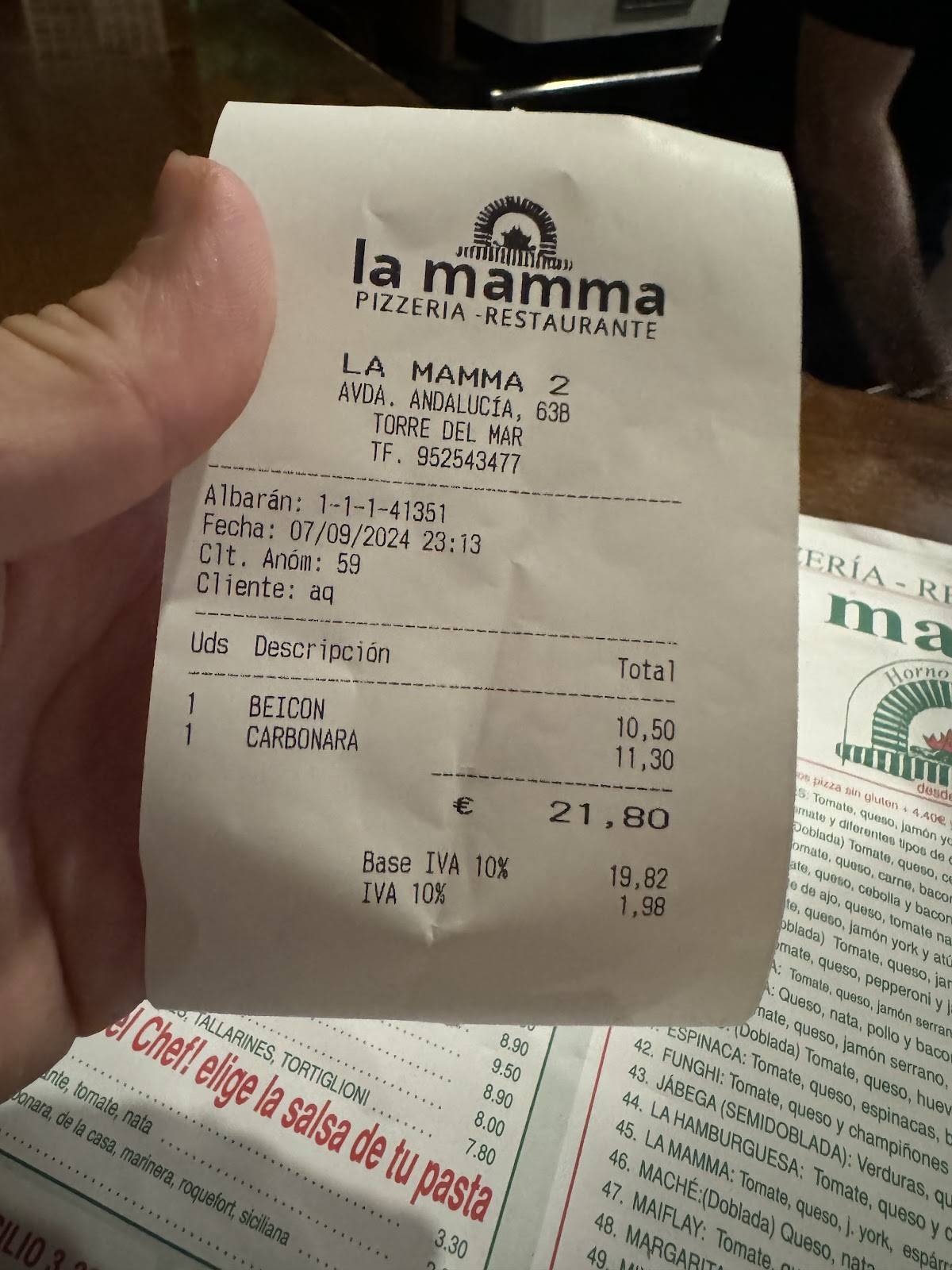 Carta de Pizzería La Mamma 2, Torre del Mar, Avenida Andalucia