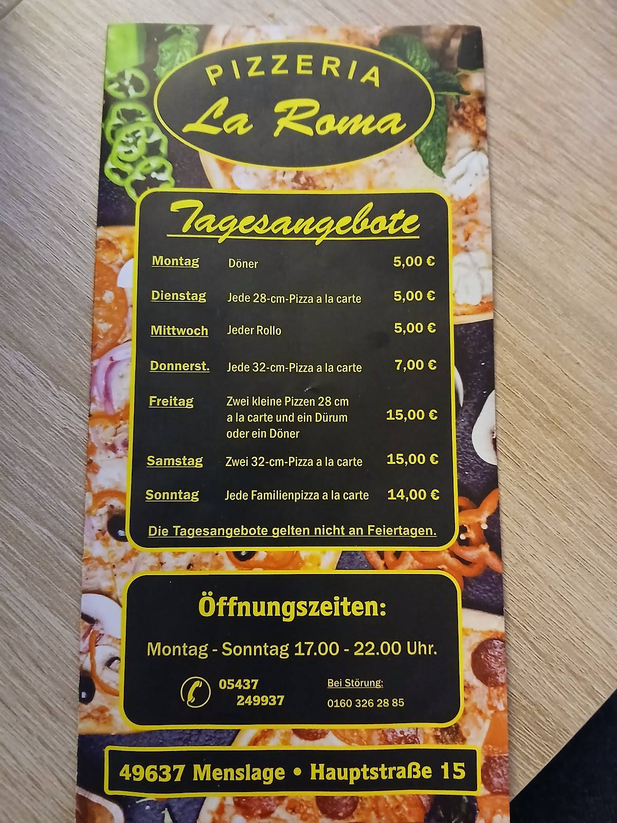 Speisekarte von Pizzeria La Roma, Menslage