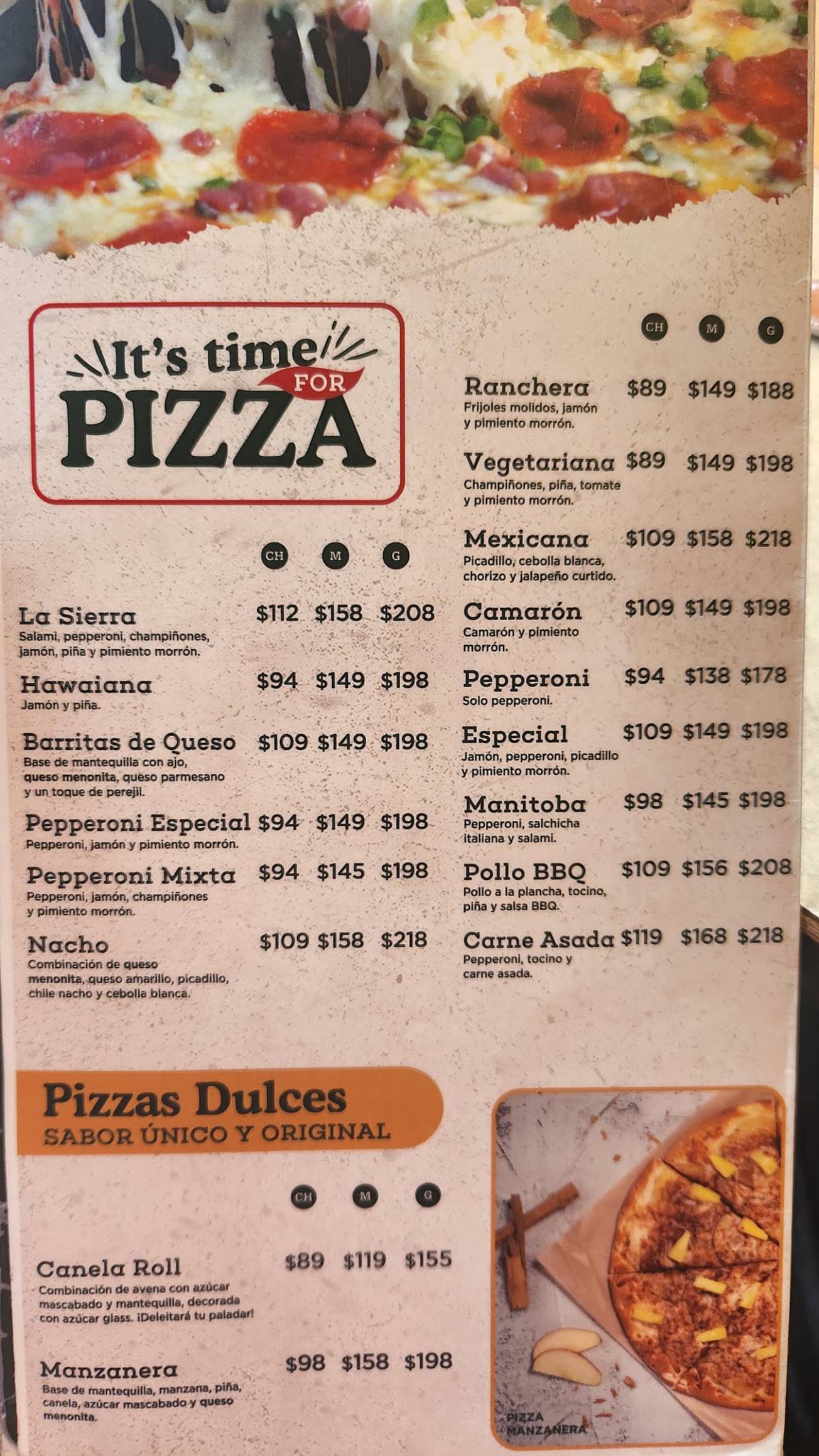 Carta de Pizzería La Sierra, Ciudad Cuauhtemoc, Carretera a Rubio Km. 6