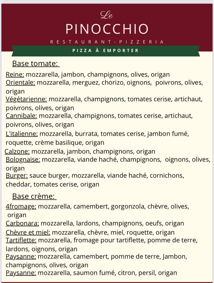 Carta de pizzería Le Pinocchio, Veules-les-Roses