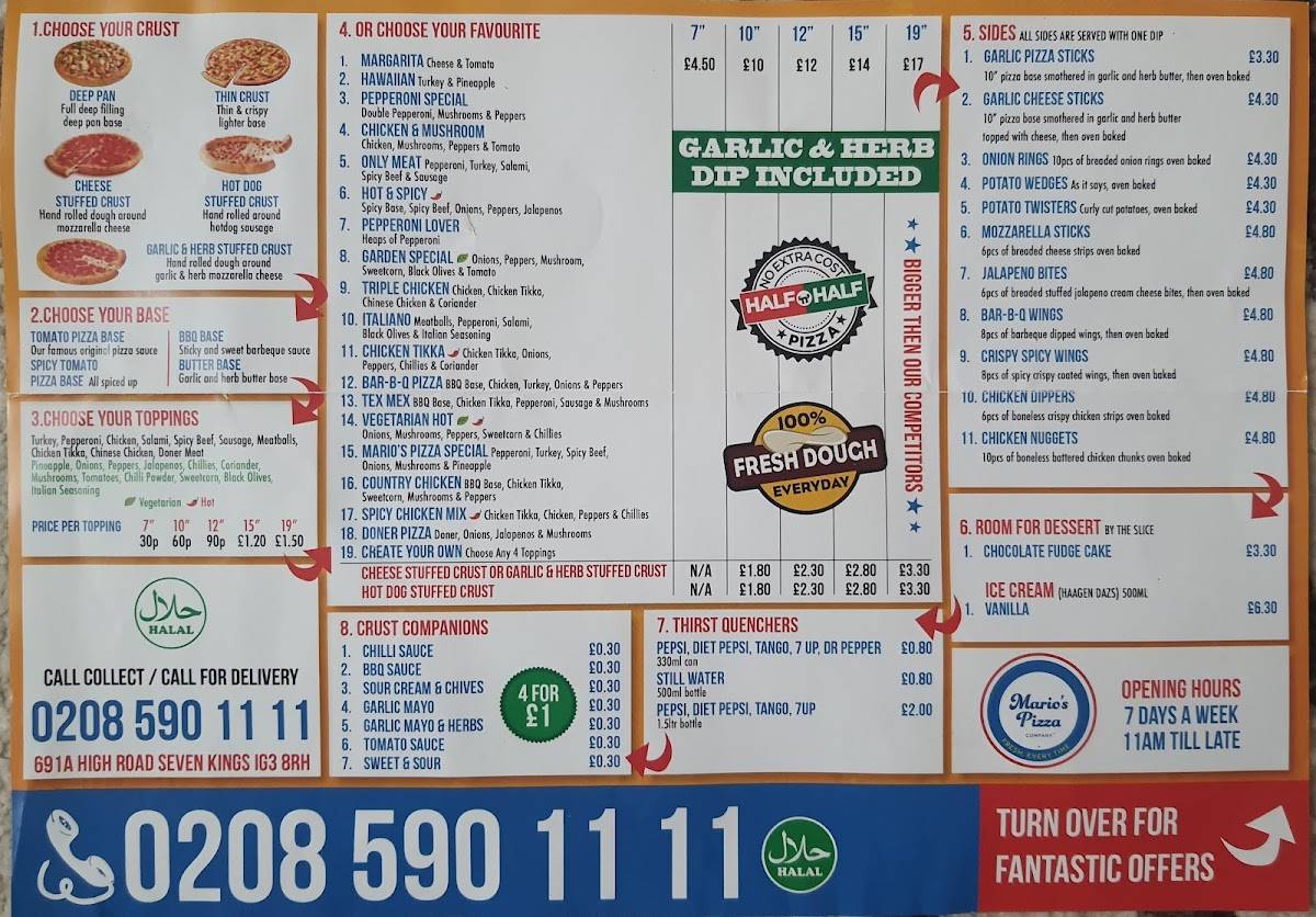 Menu at Mario’s Pizza pizzeria, Ilford, 691A High Rd