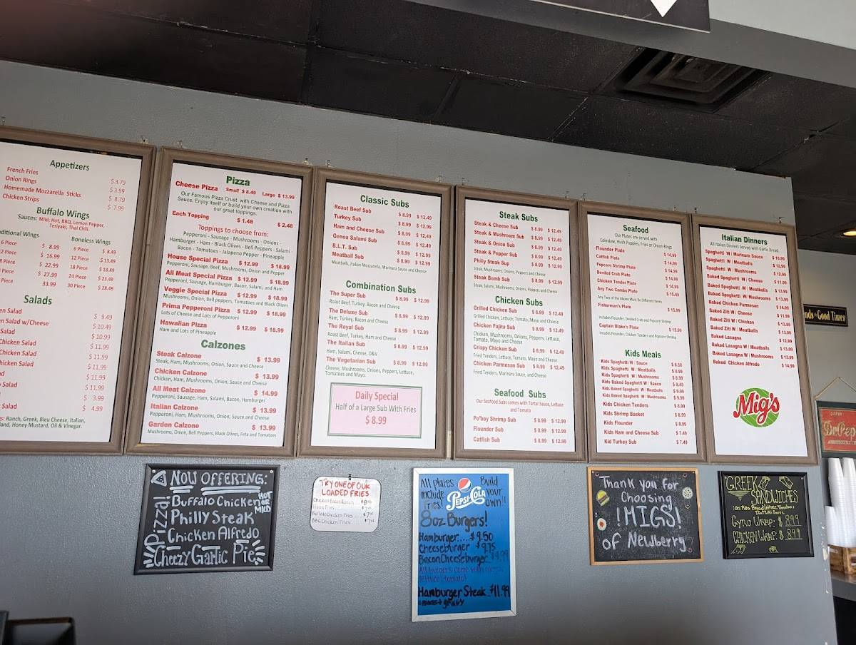 Menu at Mig’s of Newberry pizzeria, Newberry
