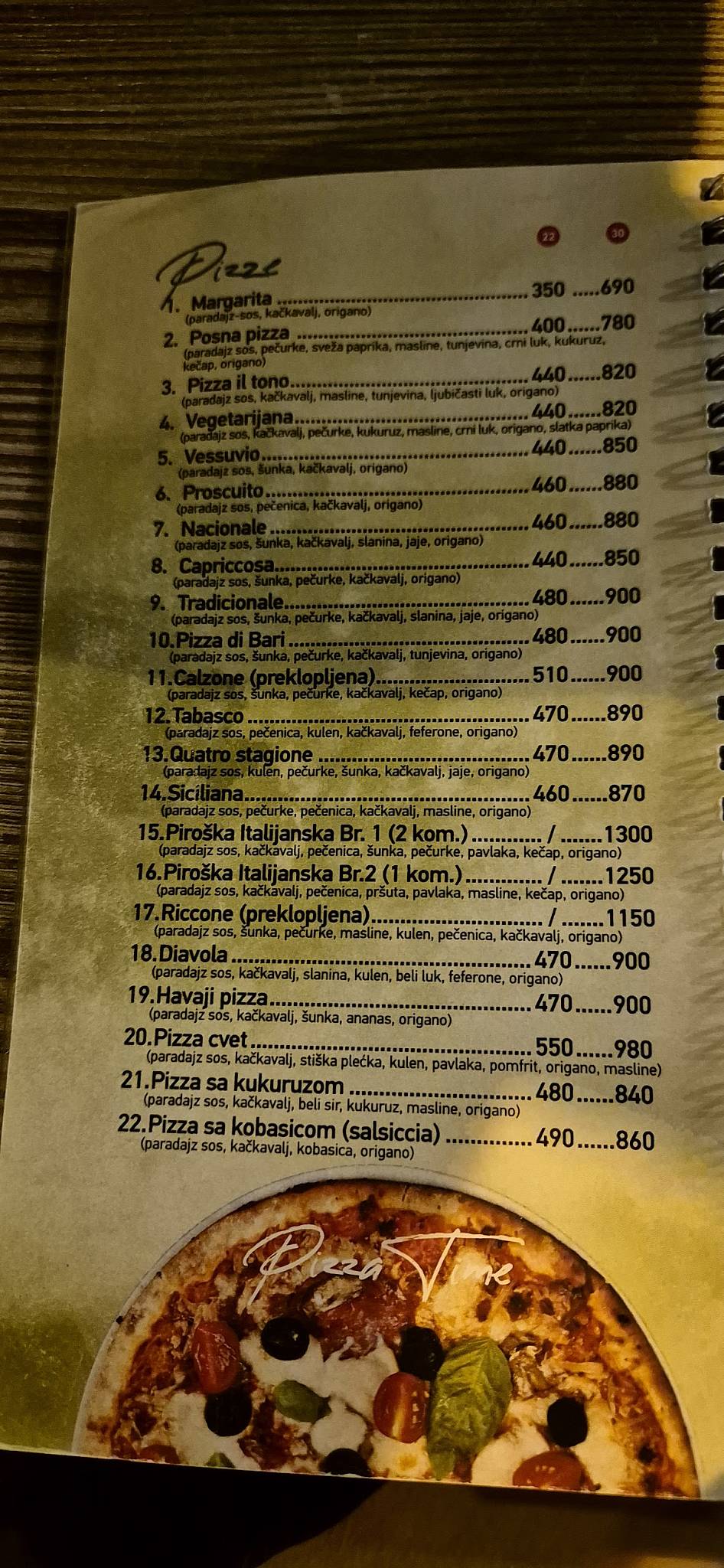 Menu at Pizzeria Monza, Požarevac