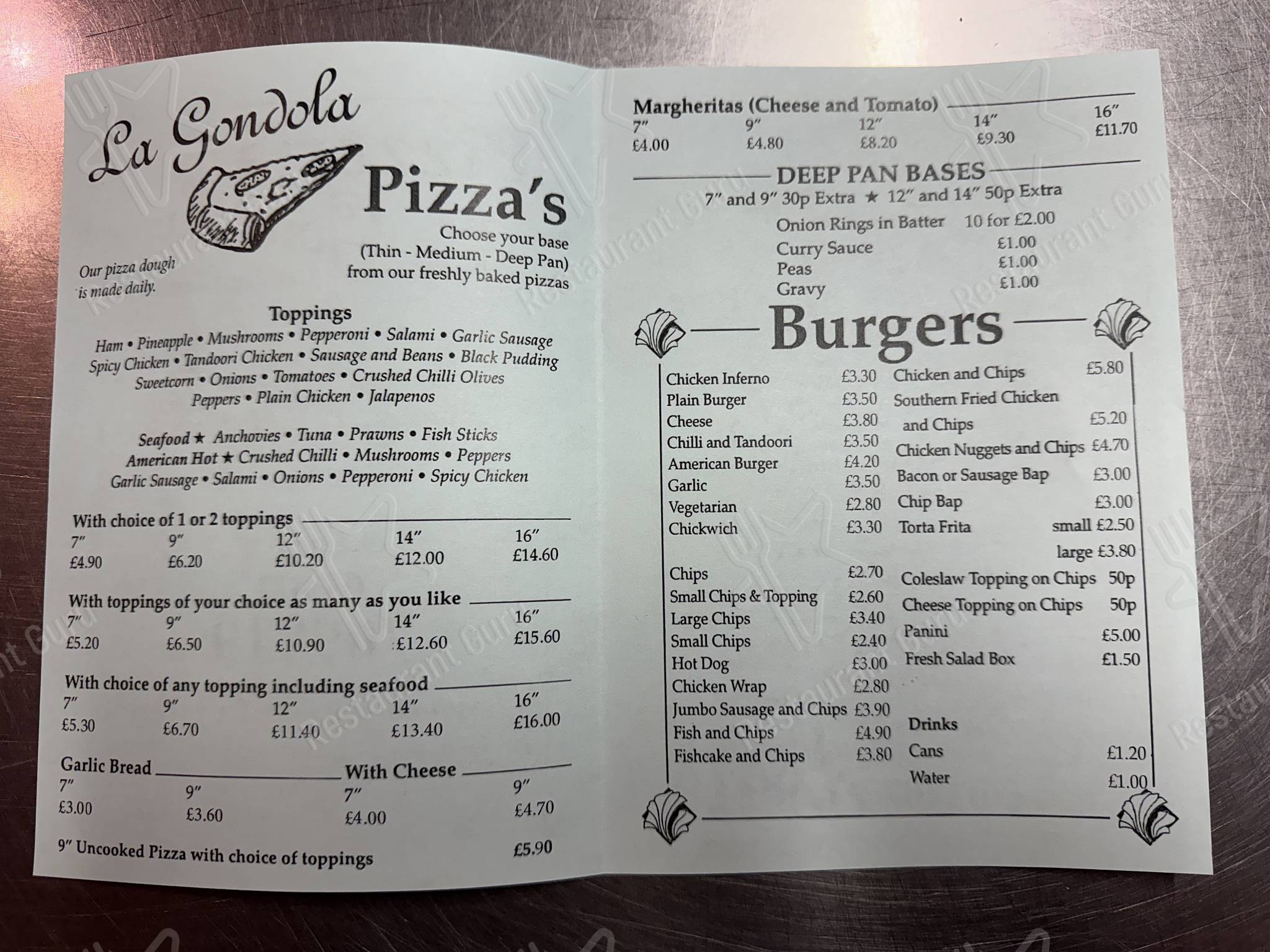 Menu at Pizzeria La Gondola, Holyhead