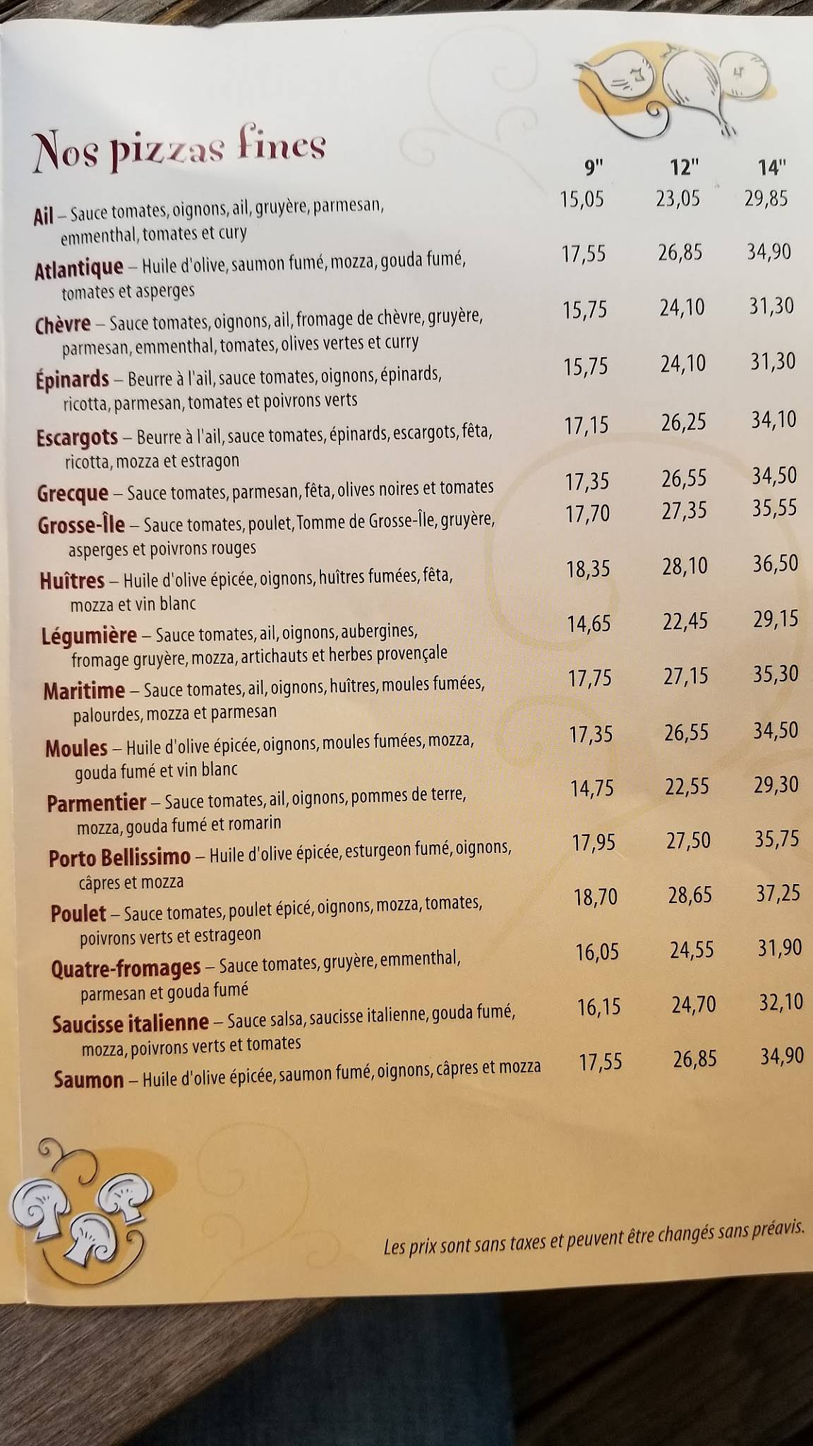 Menu au Porto Bellissimo pizzeria, Saint-Jean-Port-Joli