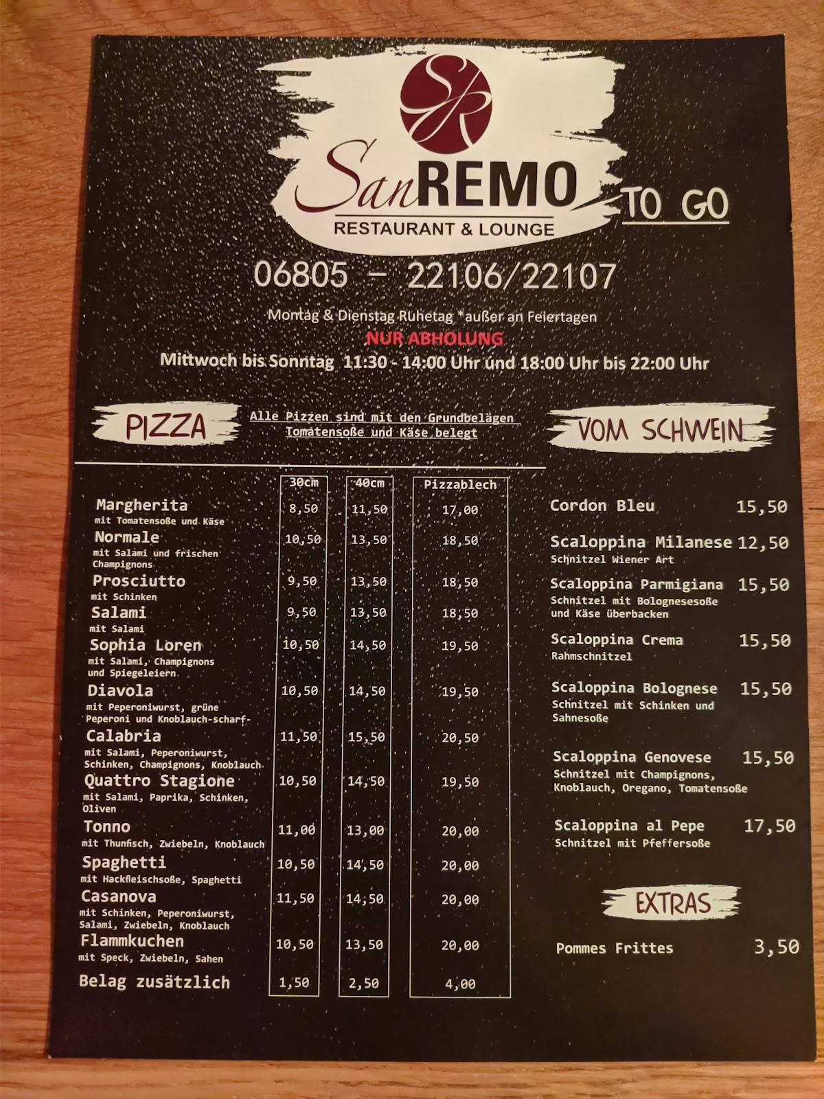 Speisekarte von Restaurant San Remo, Kleinblittersdorf