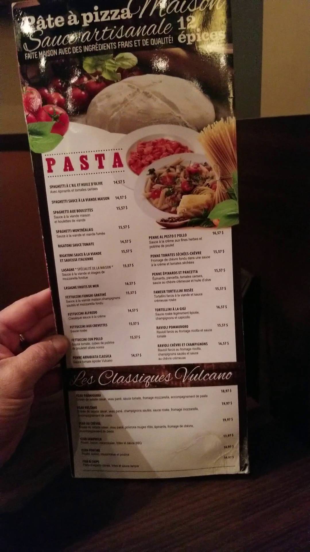 Menu au Restaurant Vulcano, Mascouche