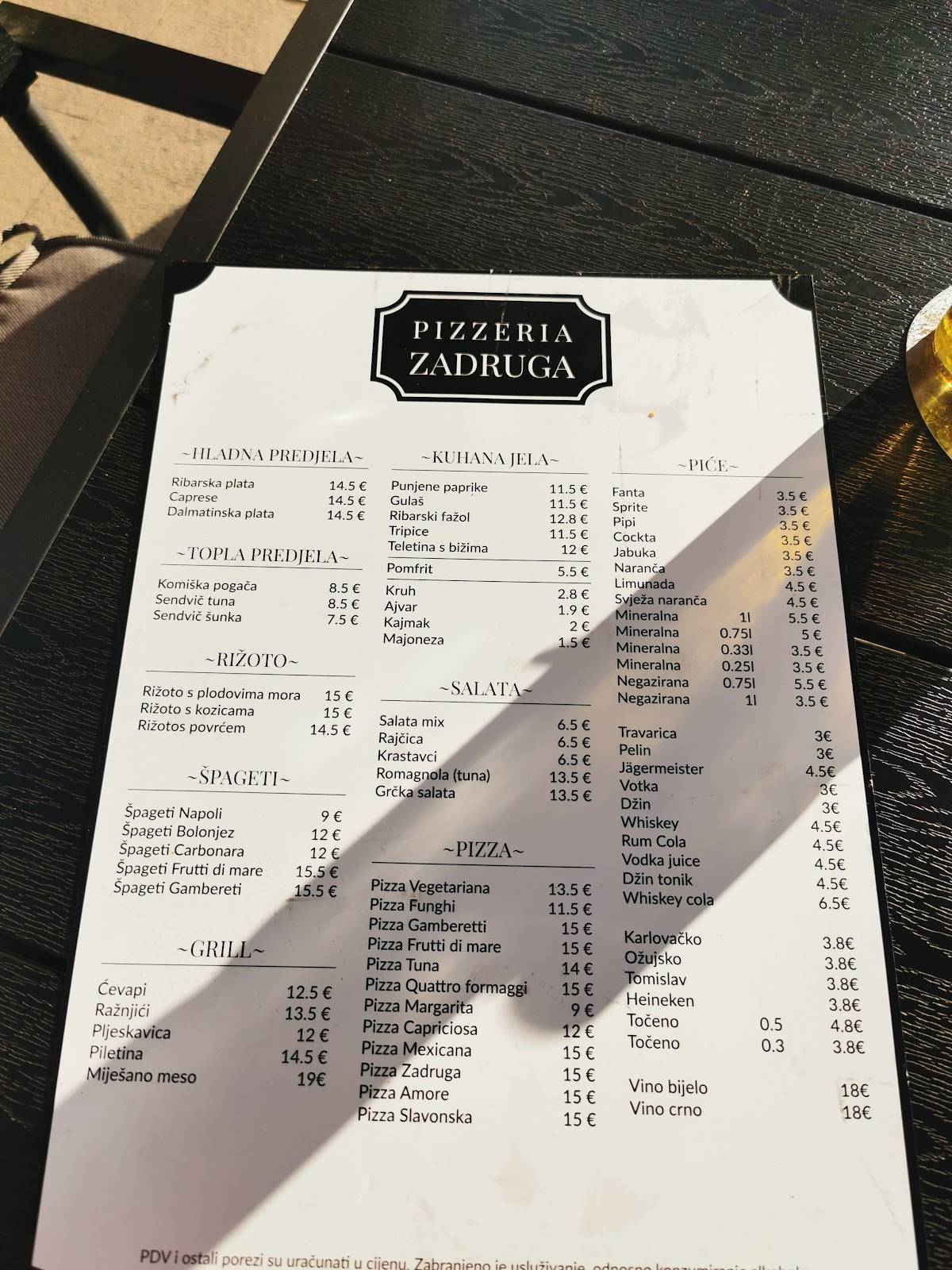 Menu at Pizzeria-Restaurant Zadruga, Komiža