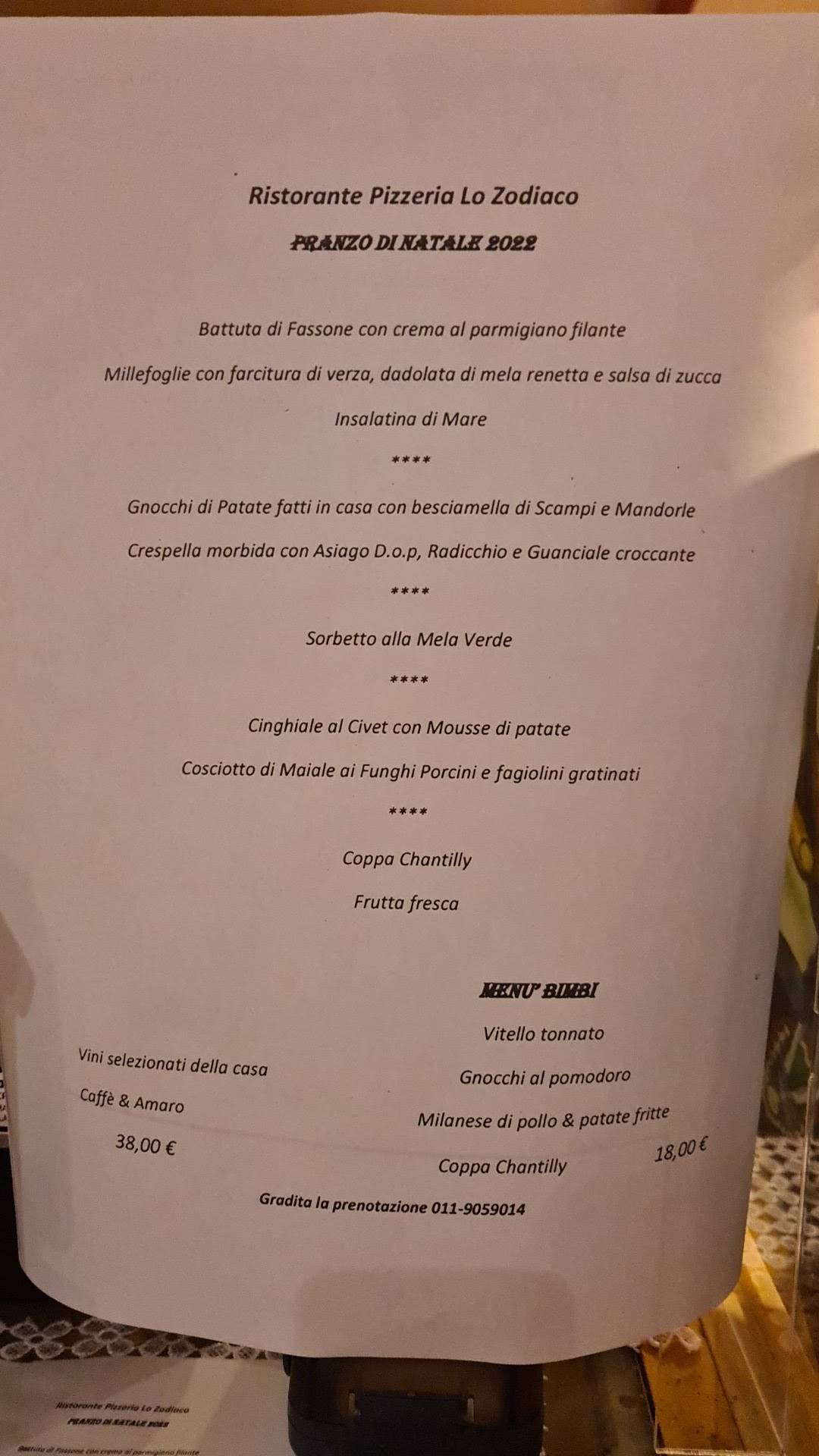 Menu da pizzeria ristorante Lo Zodiaco, Cumiana