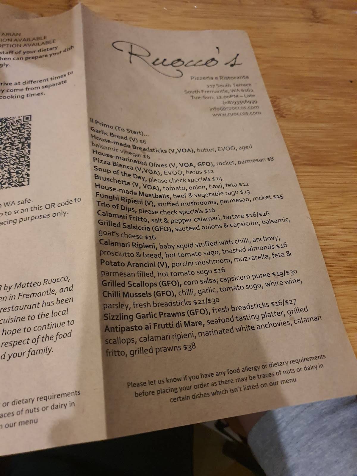 Menu at Ruocco's Pizzeria E Ristorante, South Fremantle