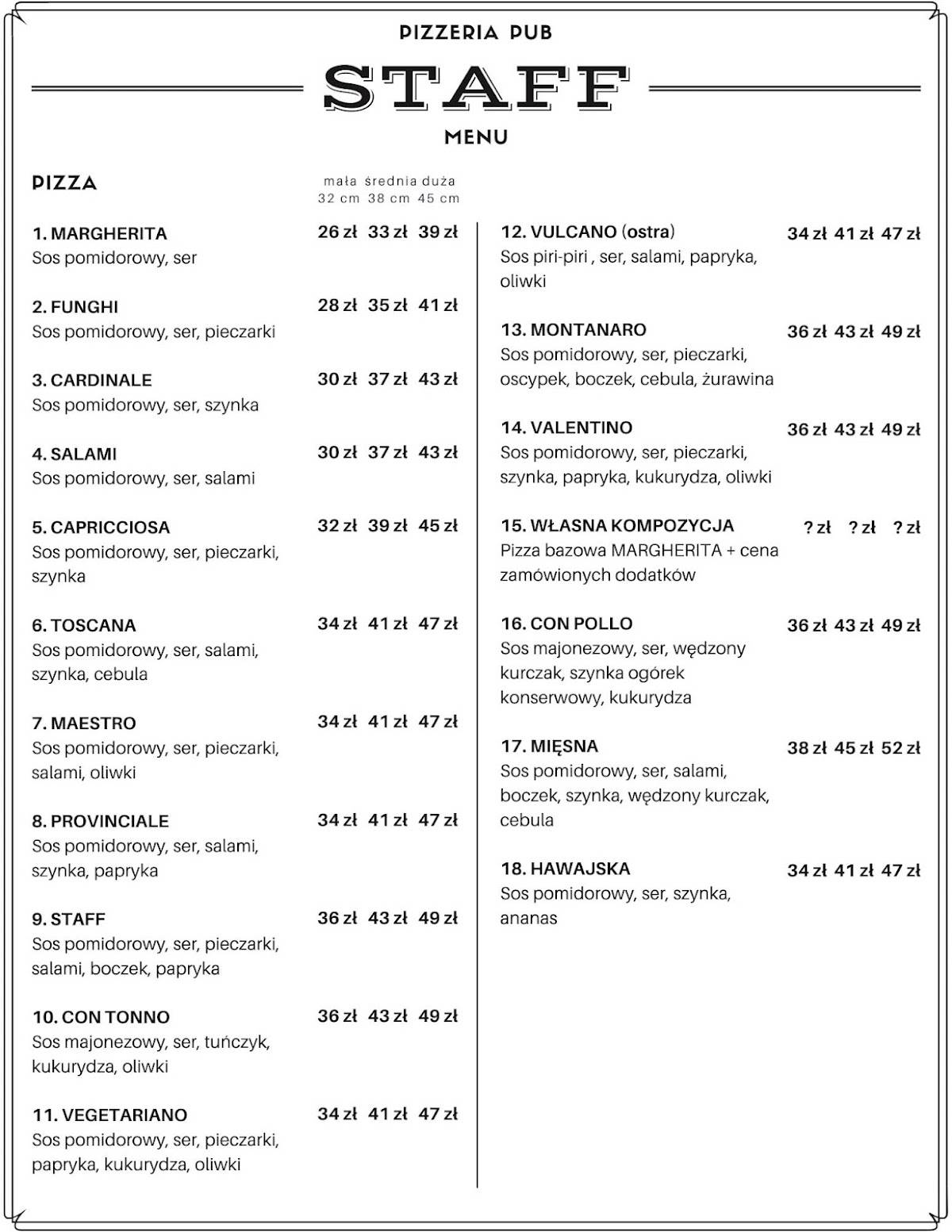 Carta de Pizzeria "Staff" Myślenice, Myslenice