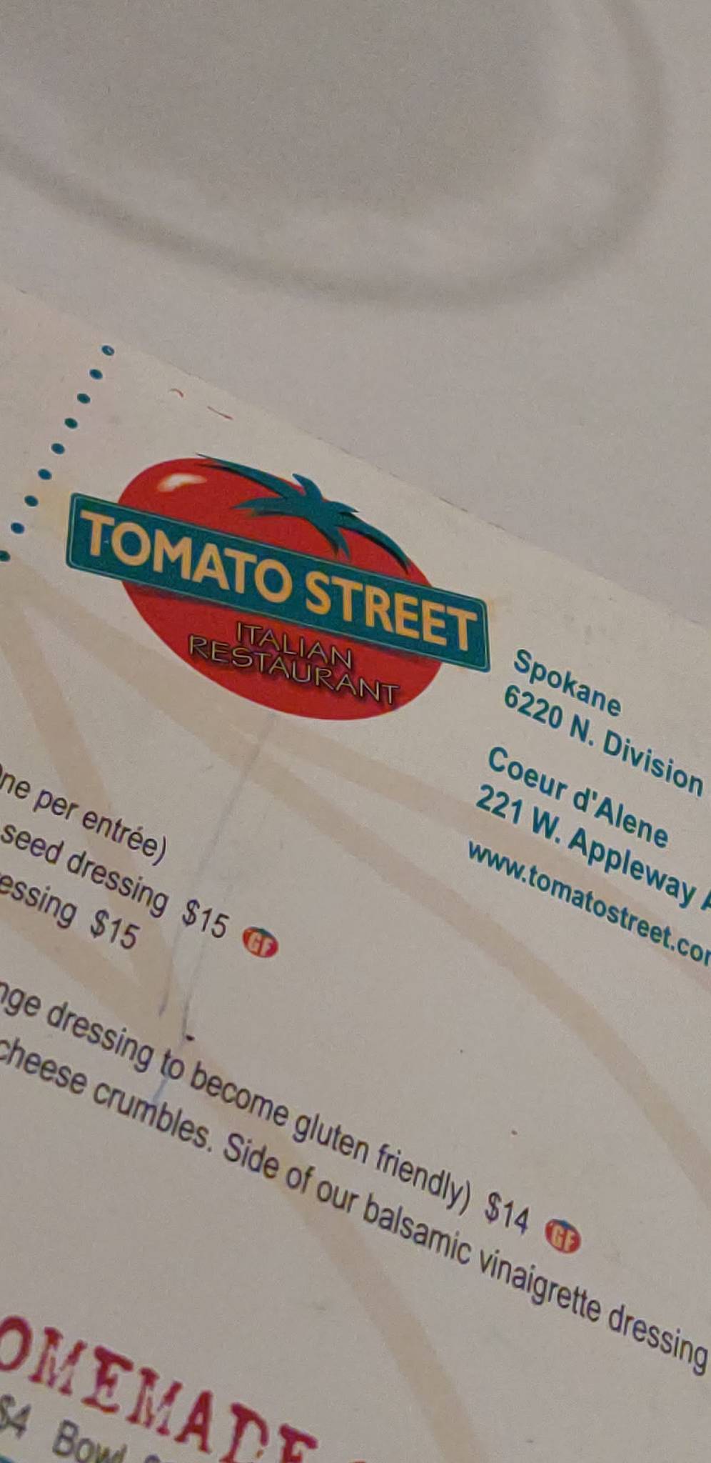Menu at Tomato Street North Division pizzeria, Spokane, N Division St