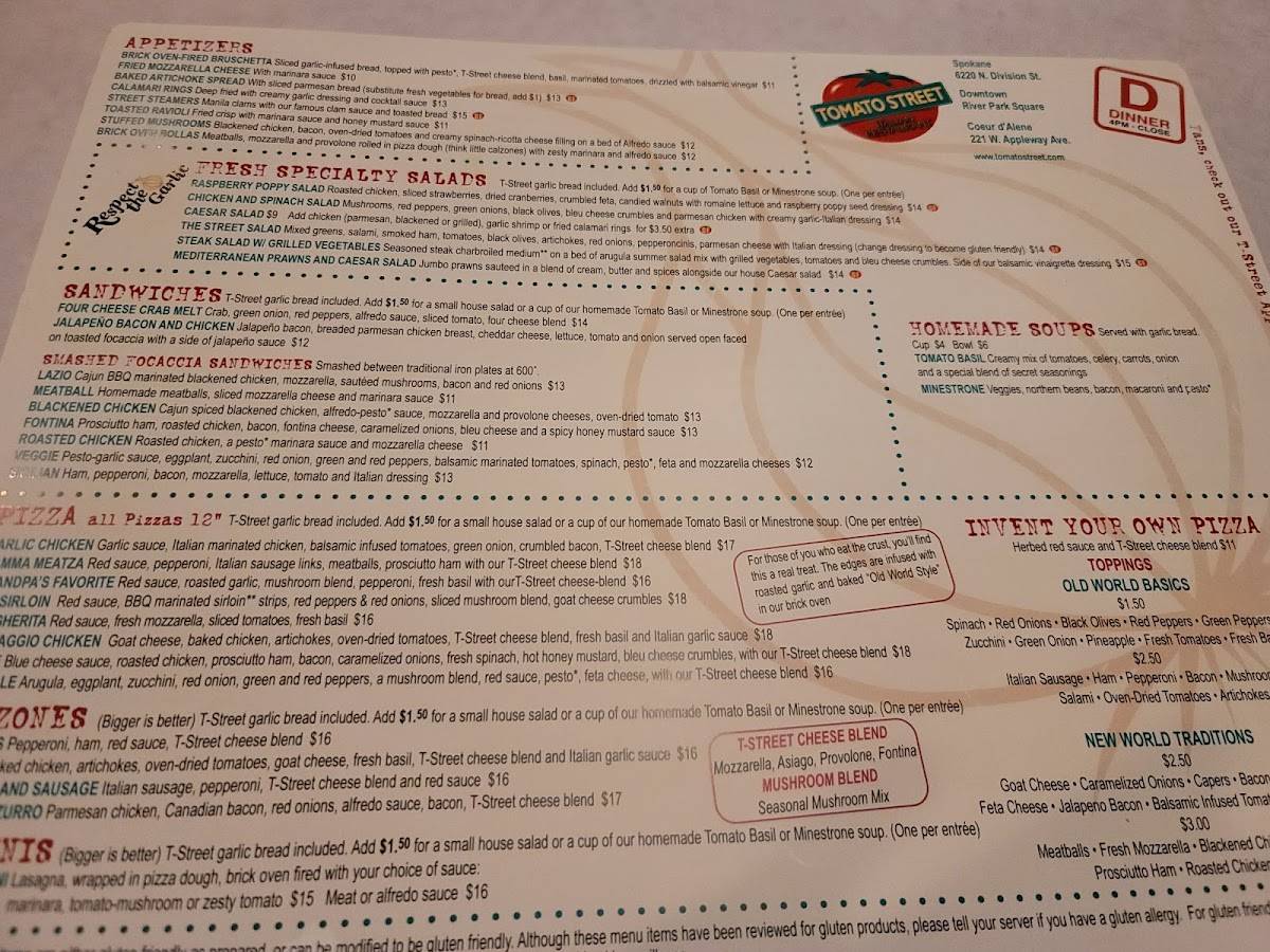 Menu at Tomato Street North Division pizzeria, Spokane, N Division St