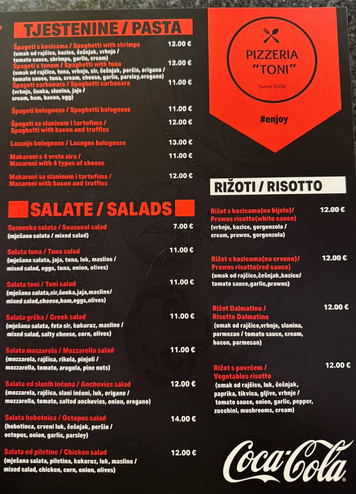 Menu at Pizzeria Toni, Jelsa
