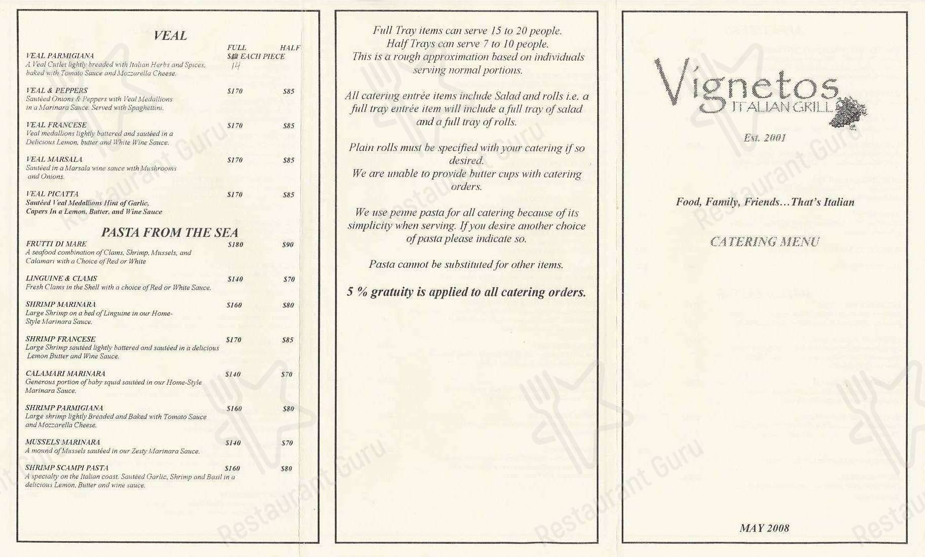 Menu at Vignetos Italian Grill pizzeria, Weston